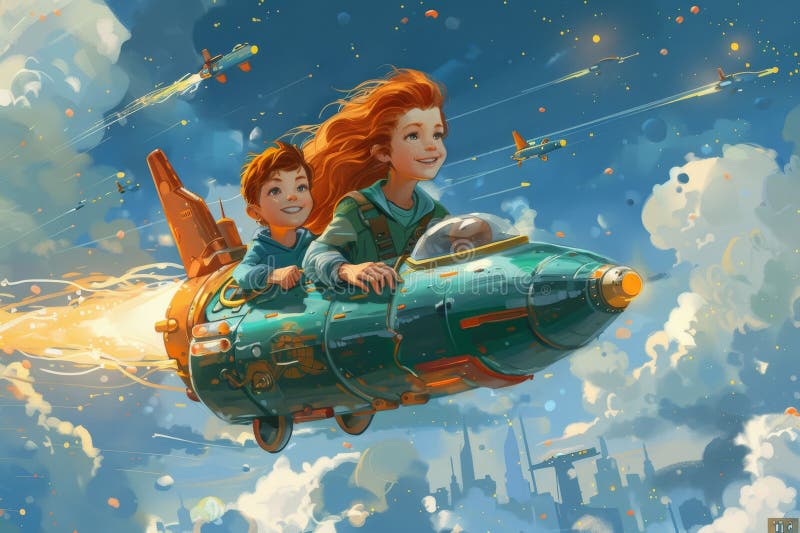 Happy Children are Flying in Space on a Rocket. Illustration Stock ...
