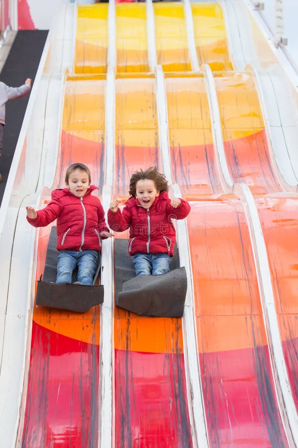 Happy Children, Going Down Huge Slide, Happy, Enjoying Stock Image ...