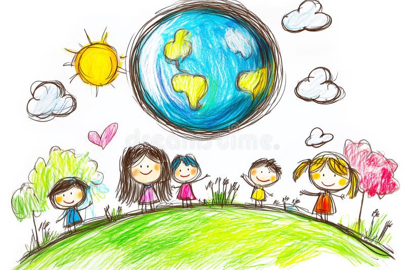 Happy Children on Grass with Planet Earth Drawing Stock Illustration ...