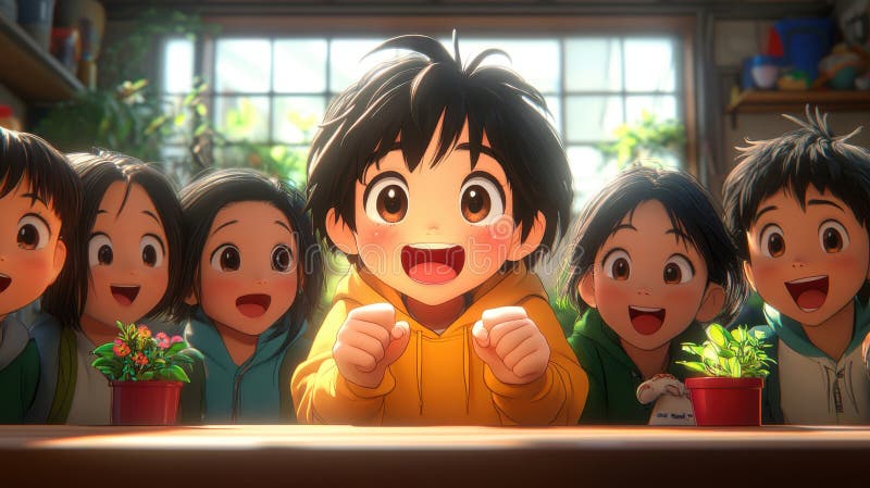 Happy Children Group Smiling in a Bright Room with Plants Stock ...