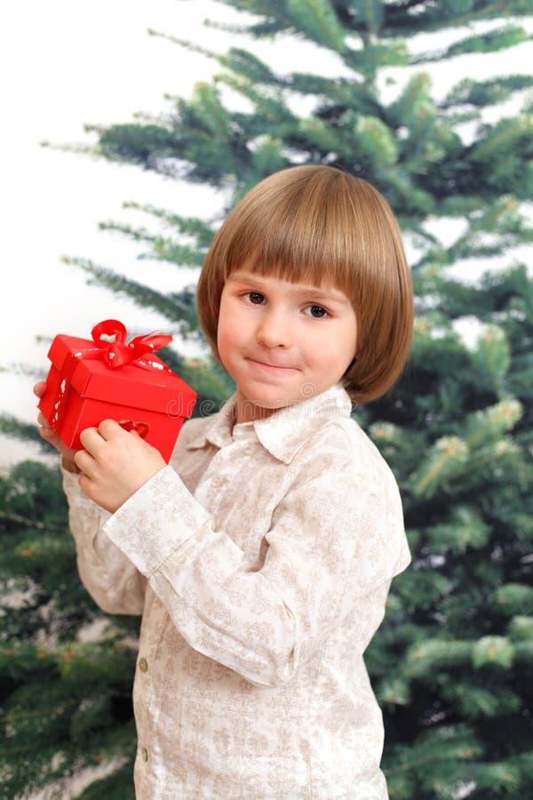 Happy Children Holds Red Box with Bowknot Stock Photo - Image of tree ...