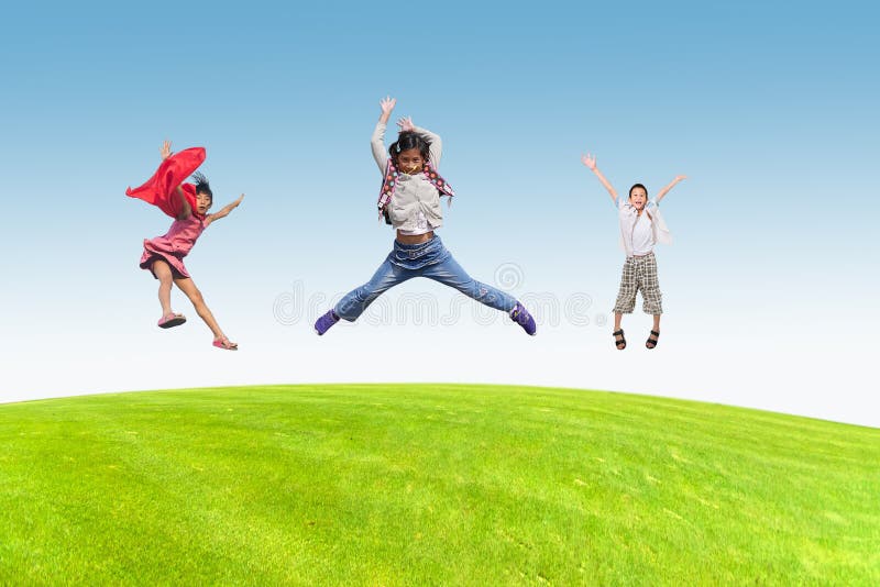 Happy Children Jumping Outdoors Stock Image - Image of happiness ...