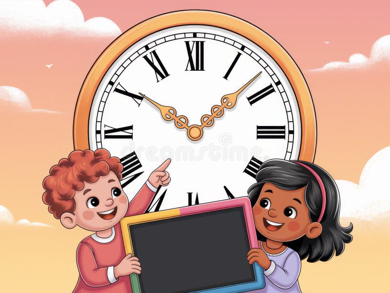 Happy Children Learning Time with Giant Clock and Empty Chalkboard ...