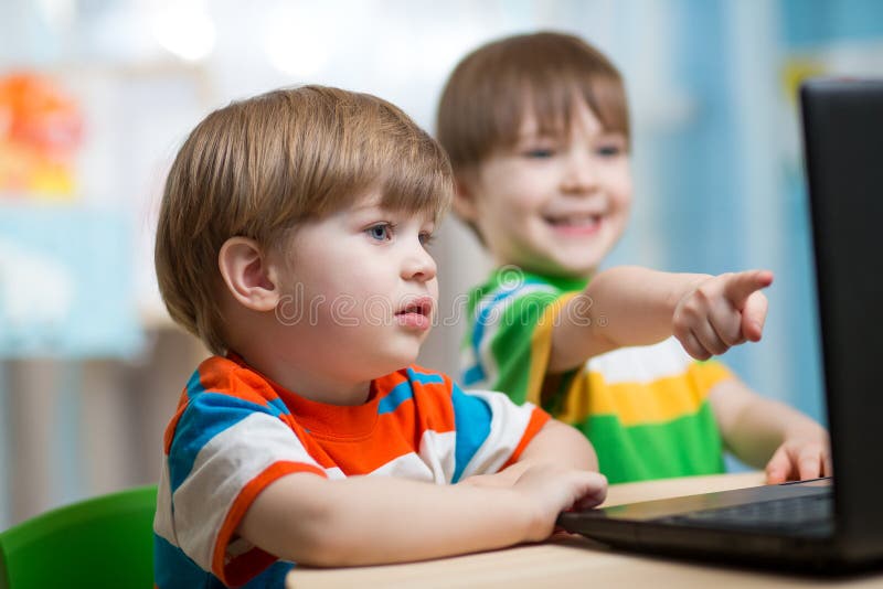 Happy Children Looking at Laptop Stock Image - Image of computer, play ...