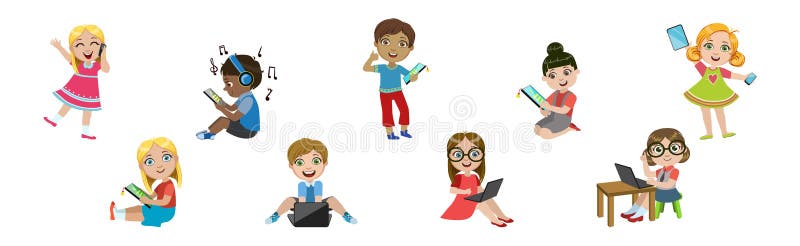 Happy Children with Mobile Gadget Use Application Vector Set Stock ...