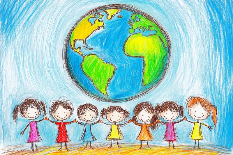 Happy Children on Grass with Planet Earth Drawing Stock Illustration ...