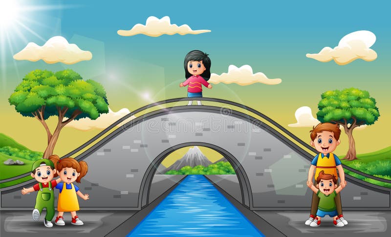 Happy Children Playing in the Bridge Stock Vector - Illustration of ...