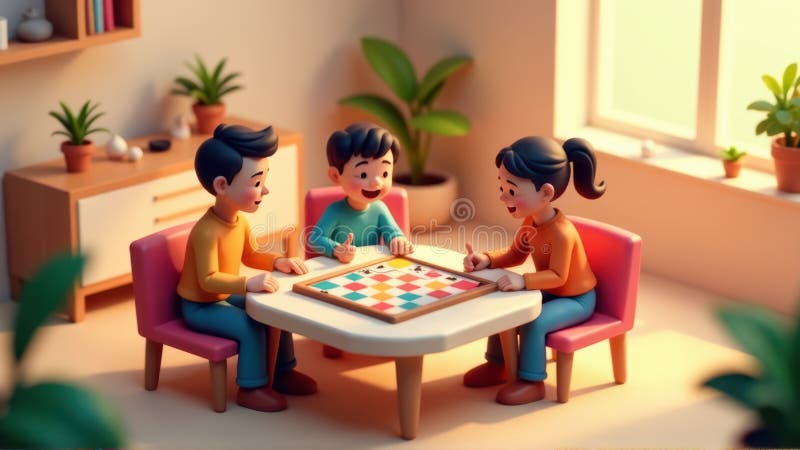 Happy Children Playing Checkers at Home - 3D Rendered Illustration ...