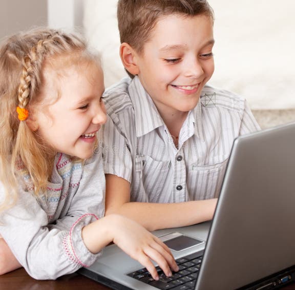 Happy Children Playing Laptop Stock Image - Image of girl, children ...