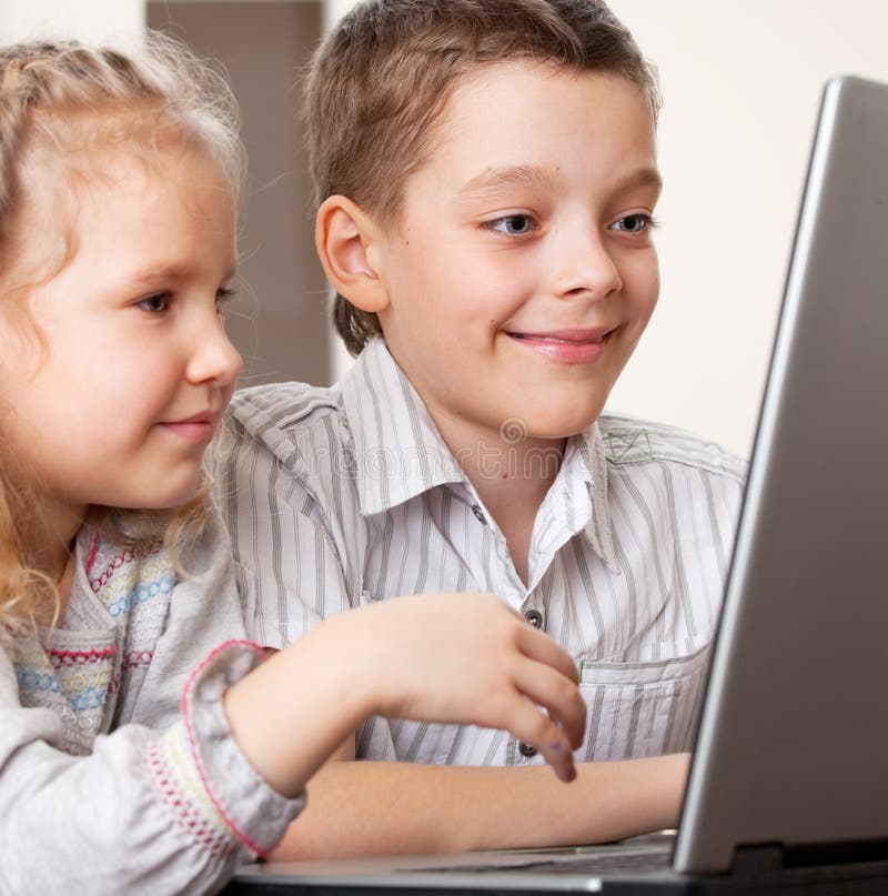 Happy Children Playing Laptop Stock Image - Image of preschool, home ...