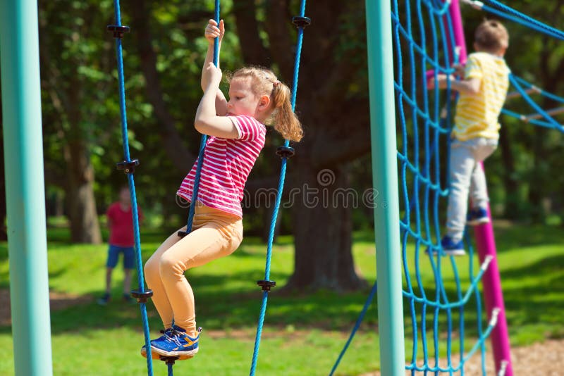 Happy Children Playing at Playground in Summer Stock Image - Image of ...