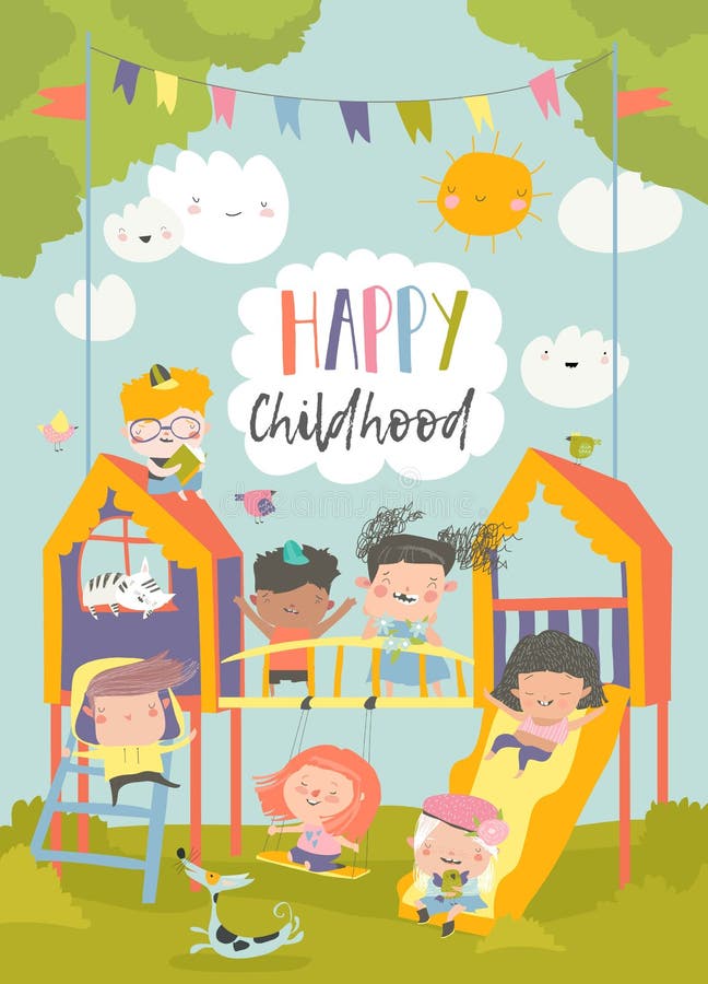 Happy Children Playing at Playgroung. Hello Summer Stock Vector ...