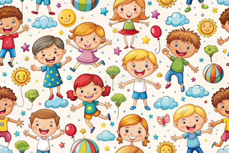 Happy Children Playing, Seamless Pattern Stock Illustration ...