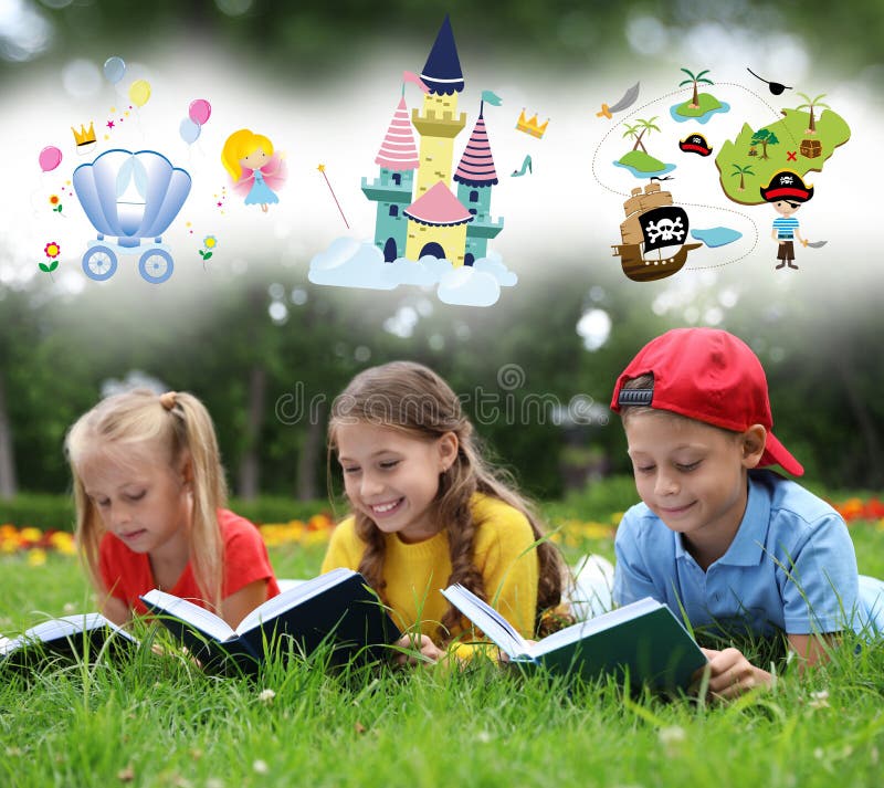 Happy Children Reading Books on Grass Outdoors Stock Image - Image of ...