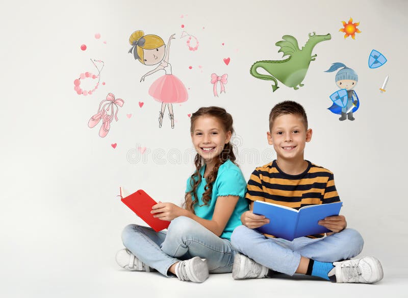 Happy Children Reading Books on Background Stock Photo - Image of ...