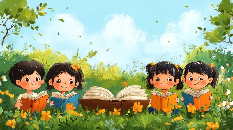 Happy Children Reading Books Illustration Stock Illustration ...
