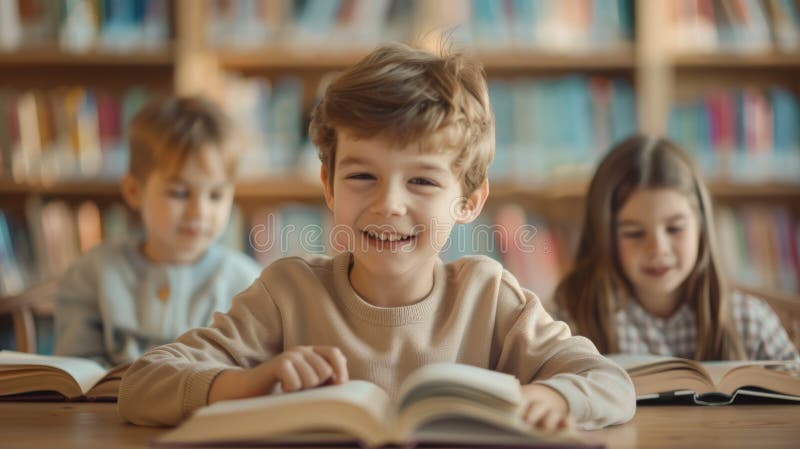 Happy Children Reading Books in Library Stock Illustration ...