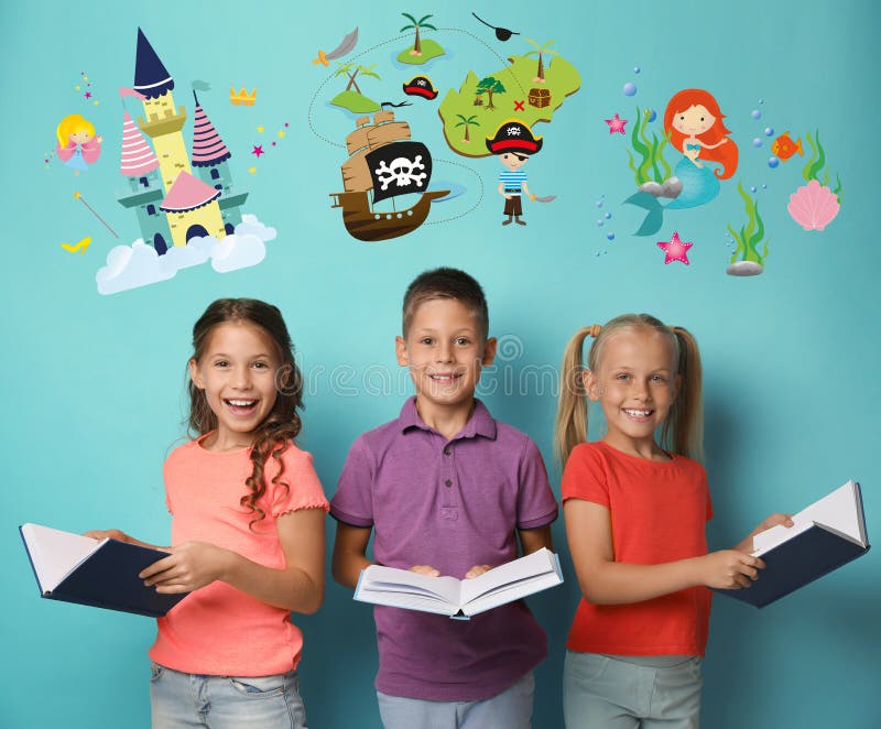 Happy Children Reading Books on Blue Background Stock Image - Image of ...