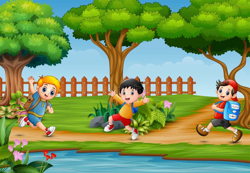 Happy Children Running Around in Beautiful Nature Stock Vector ...