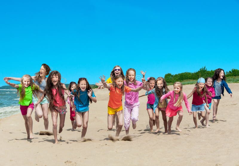 Happy Children Running on the Beach Stock Image - Image of outdoor ...