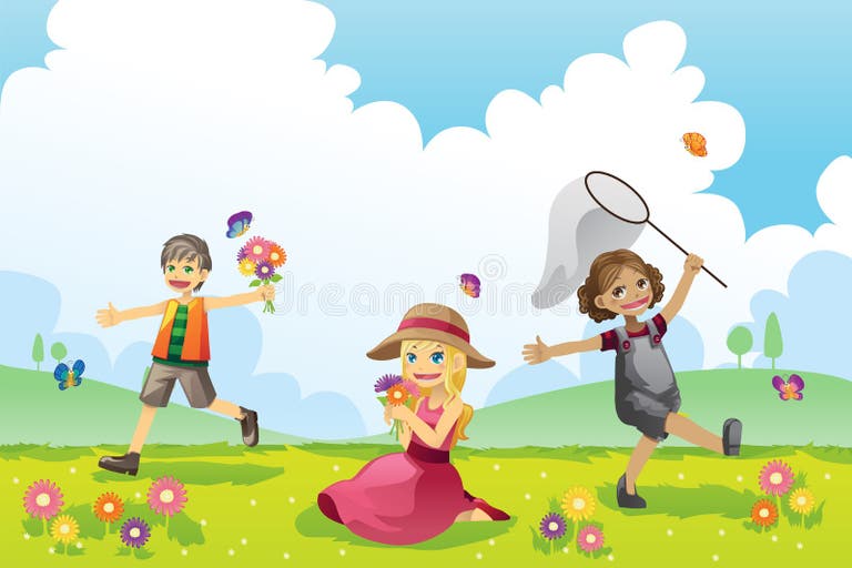 Happy Children in Spring Season Stock Vector - Illustration of ...