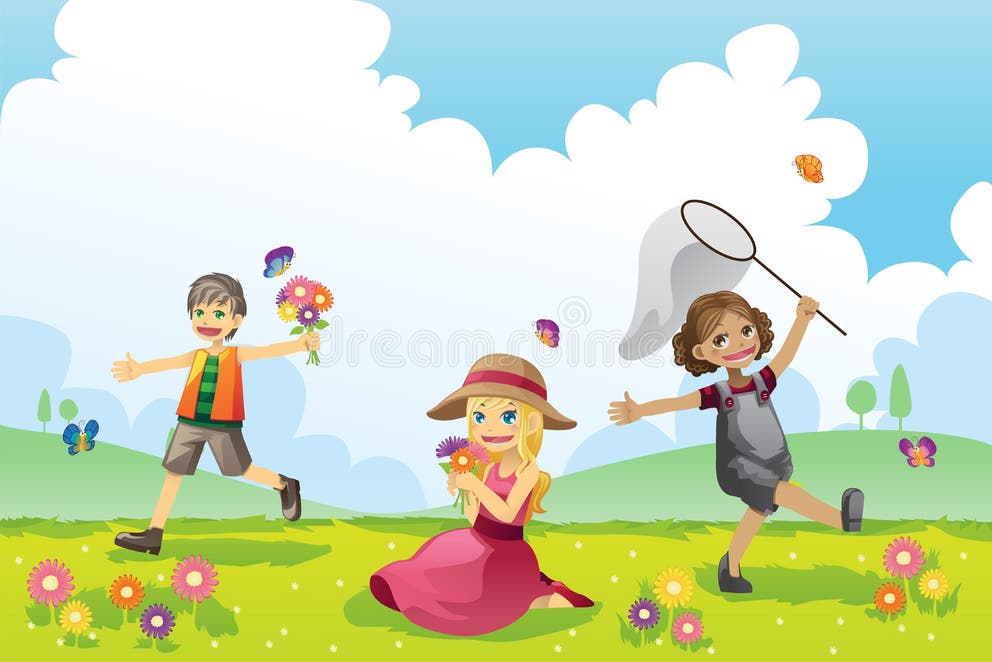Happy Children in Spring Season Stock Vector - Illustration of ...