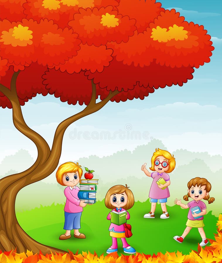 Happy Children Studying in the Autumn Trees Stock Vector - Illustration ...