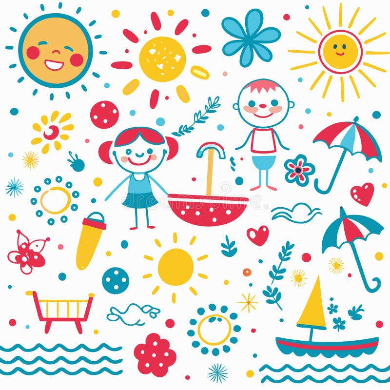 Happy Children, Sun, Flowers, and Summer Elements Illustration Stock ...