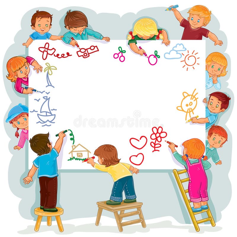 Happy Children Together Draw on a Large Sheet of Paper Stock Vector ...