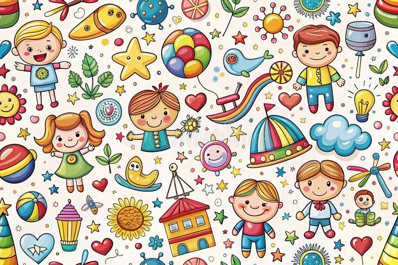 Happy Children, Toys, and Playful Elements Seamless Pattern Stock ...