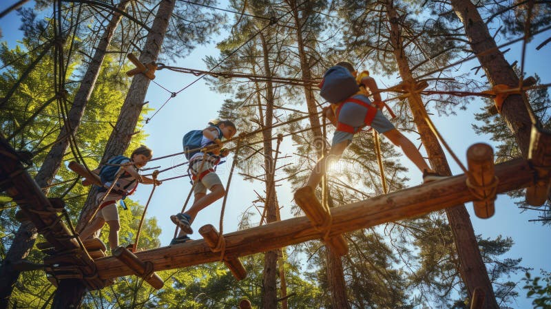 Happy Children Unite To Conquer Challenges in a High Ropes Course among ...