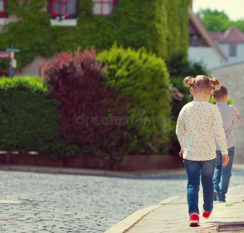 Happy Children Walking in Sunny Town Stock Image - Image of lifestyle ...