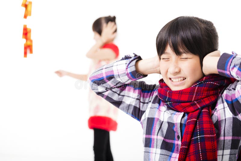 Happy Chinese New Year. Children Playing with Firecracker Stock Photo ...