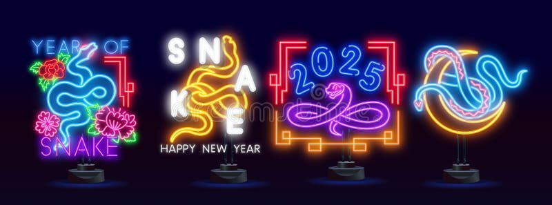 Happy Chinese New Year 2025 in Neon Style Background with Snake, Year ...