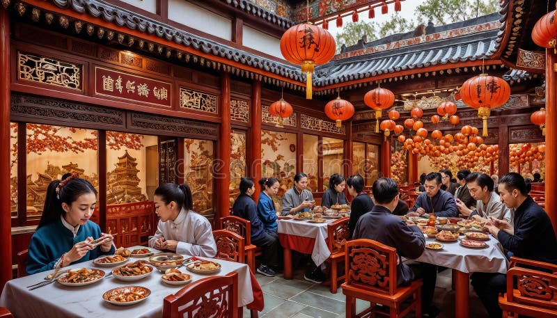 Happy Chinese People Eating in a Traditional Chinese Restaurant Stock ...