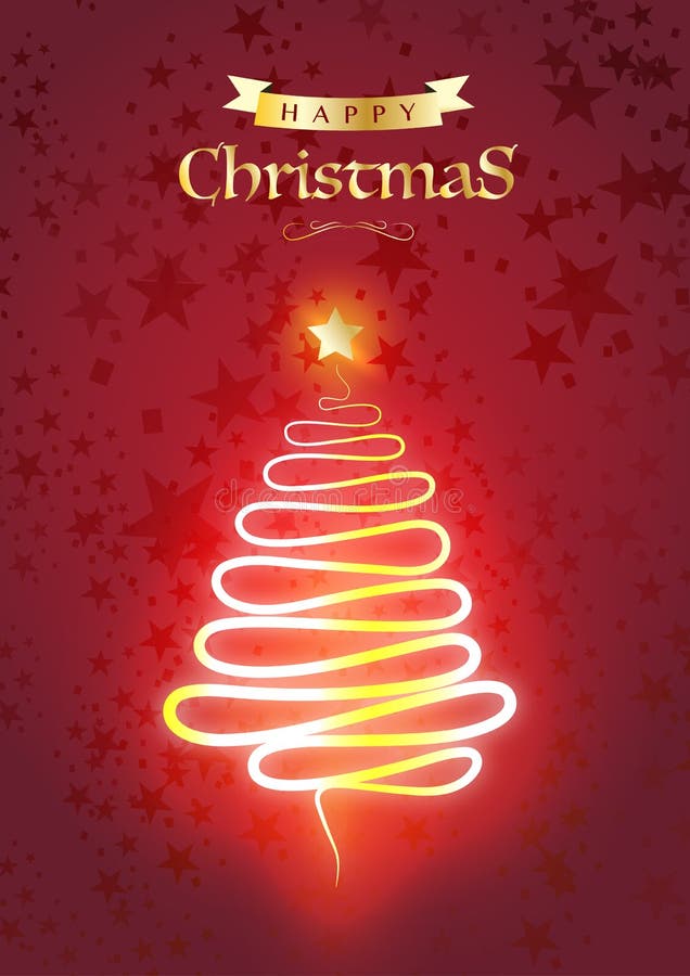 Happy Christmas Poster Card with Golden Light Tree and Glittering Star ...