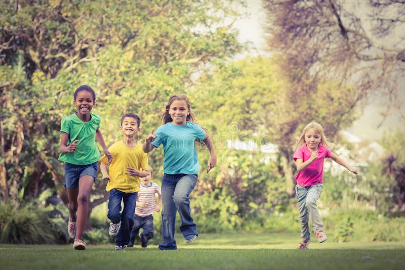 Happy Classmates Running Around Stock Image - Image of five, female ...