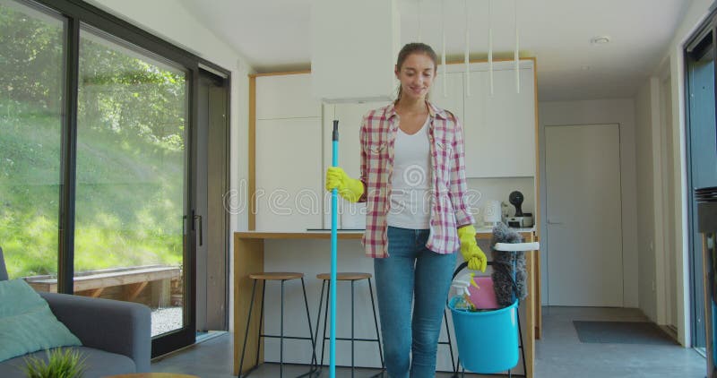 Happy Cleaning Service Employee Ready To Start Working, Positive Work ...
