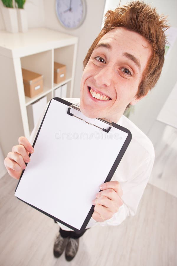 Happy Clerk with Blank Space for You Stock Photo - Image of adult, sign ...
