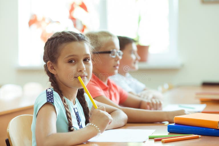 Happy Clever Children Learning in Classroom Stock Photo - Image of ...