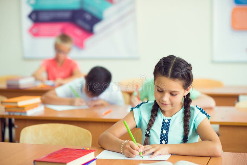 Happy Clever Children Learning in Classroom Stock Image - Image of ...