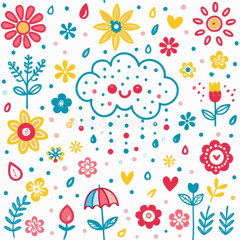 Happy Cloud Raining on Colorful Flowers and Hearts Stock Vector ...