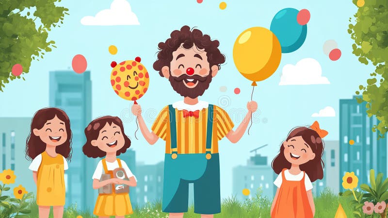Happy Clown with Kids in Park Stock Illustration - Illustration of ...