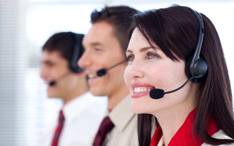 Happy Co-workers with Headsets on in Call Center Stock Photo - Image of ...