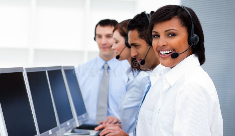 Happy Co-workers with Headsets on in Call Center Stock Photo - Image of ...