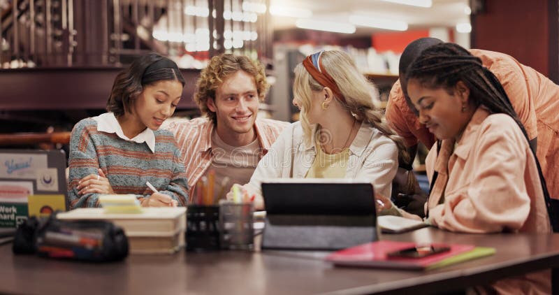 Happy, College and Friends with Students in Library for Assignment ...