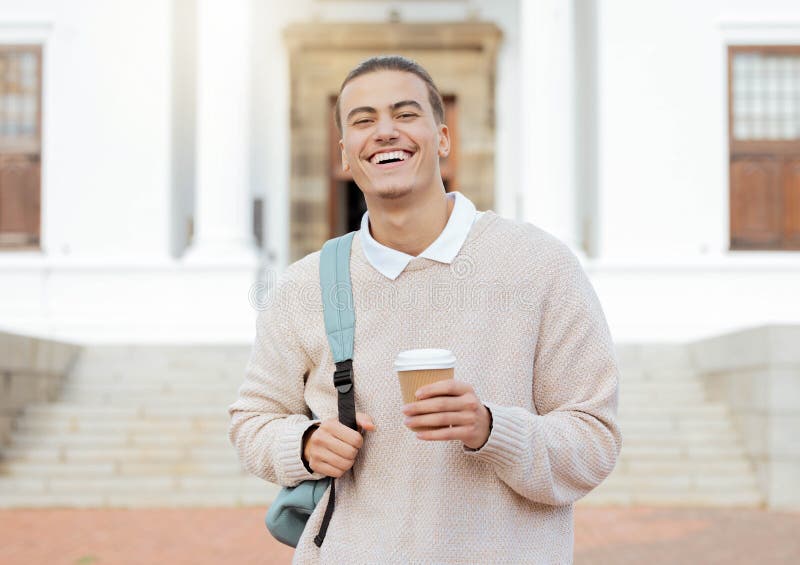 Happy, College Student Man at University with Coffee for Learning ...