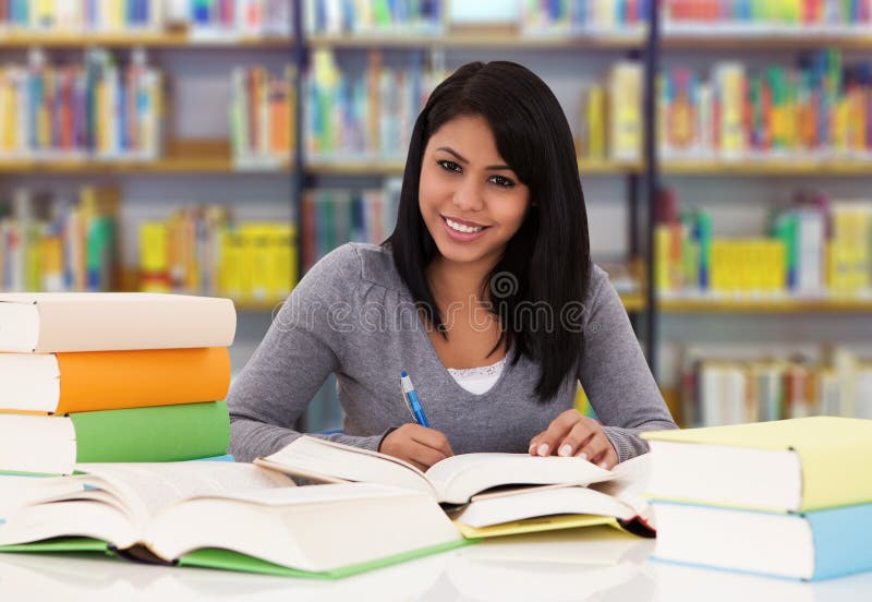 Happy College Student Studying in Library Stock Image - Image of ...