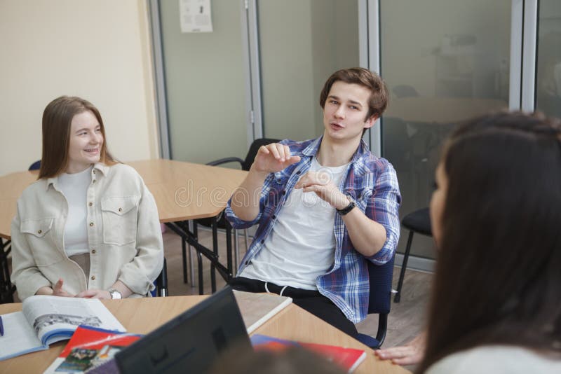 Happy College Students Talking in Class Stock Photo - Image of casual ...