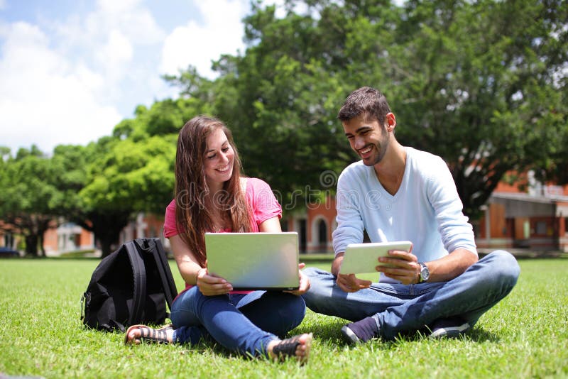 Happy College Students Using Computer Stock Image - Image of notebook ...